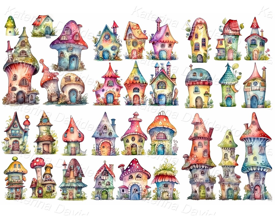 Fantasy Clipart Set of Cute Cartoon Fairy Houses. Watercolor Elven ...