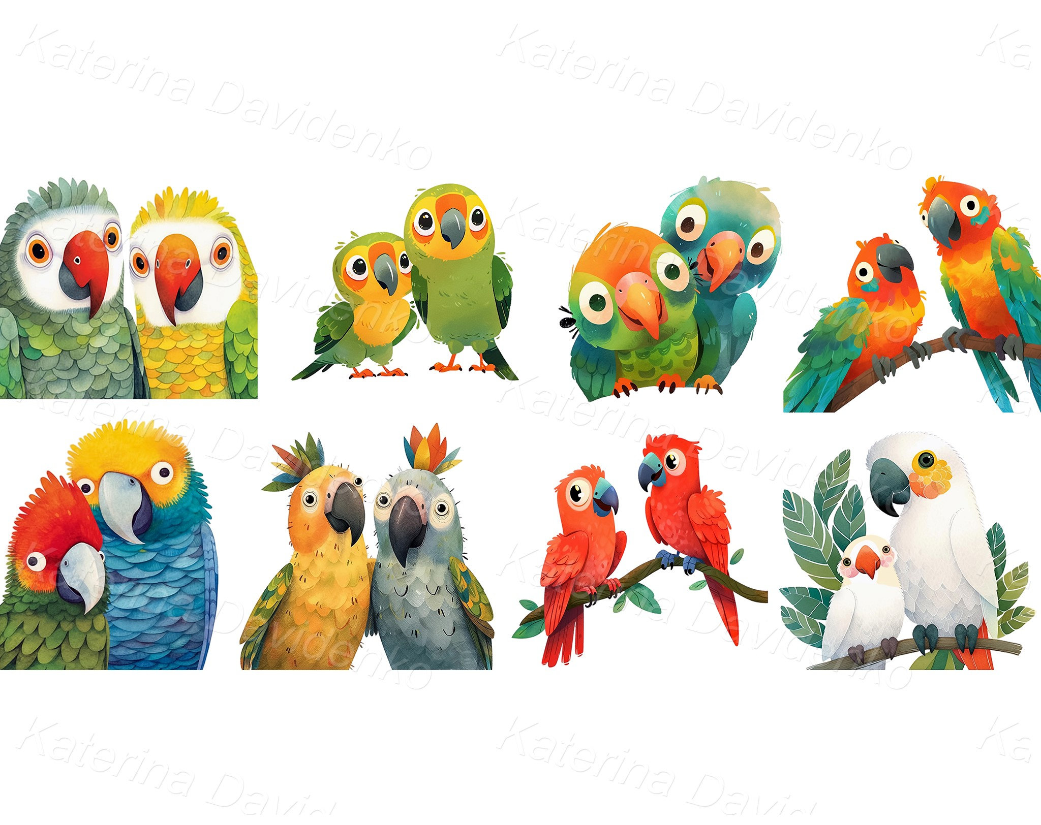 Watercolor PNG Clipart Set of Funny Cartoon Parrots. Portrait of Cute ...