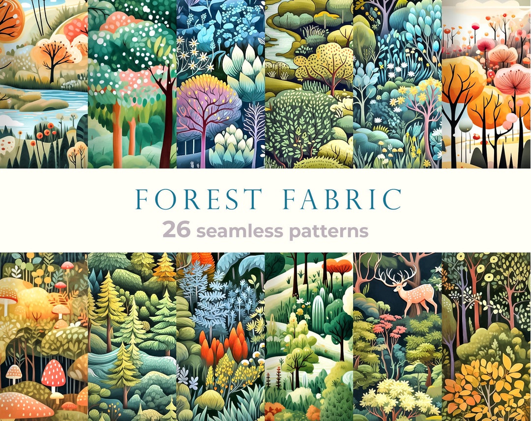 Forest Seamless Patterns With Summer and Autumn Trees, Mushrooms ...