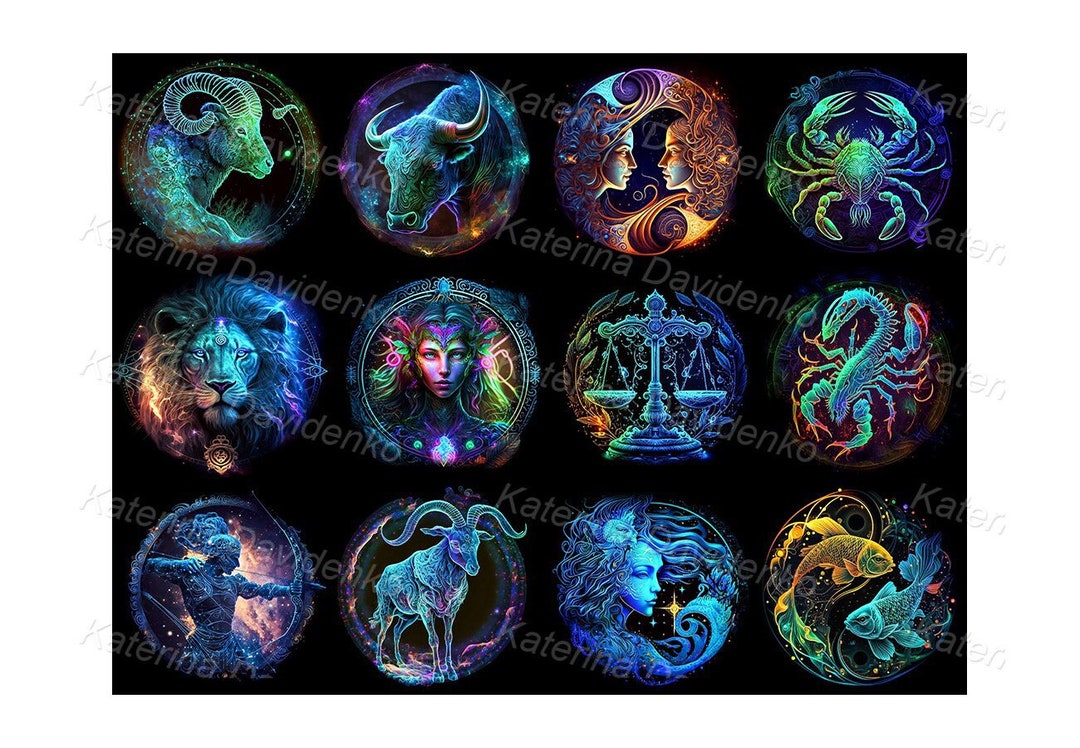 Clipart Set of Zodiac Signs Astrological Horoscope Black Background ...