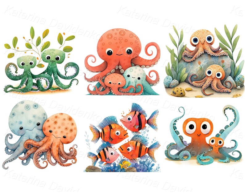 Collection of Funny Cartoon Octopuses, Watercolor Fishes PNG Clipart ...