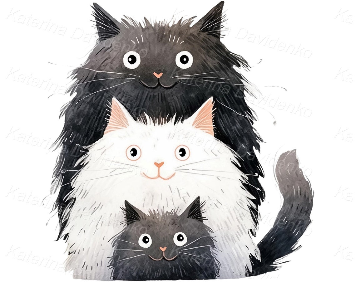 Watercolor PNG Clipart Set of Cute Cartoon Cats. Funny Kitten, Pets ...