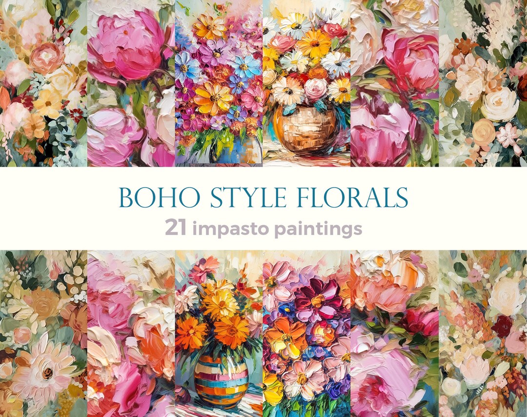 Collection of Semi Abstract Oil Paintings, Boho Style, Flowers Bouquets ...