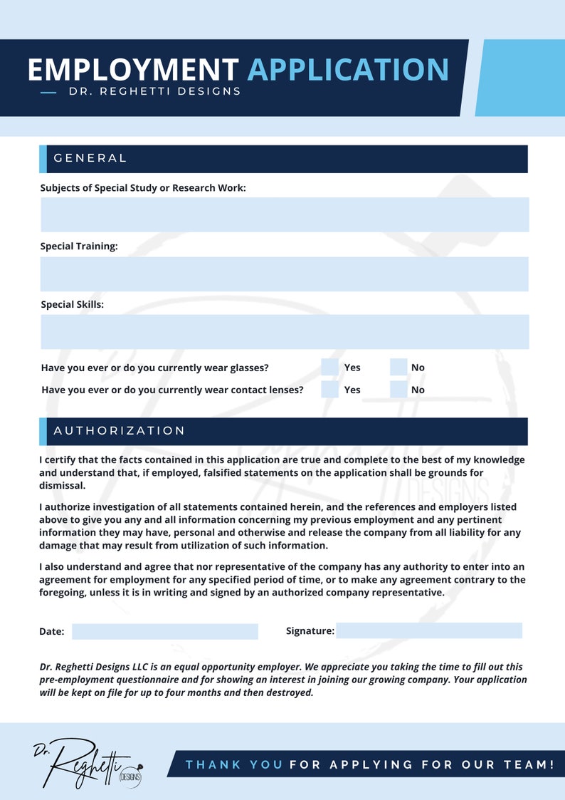 Optometry Office Employment Application - Etsy