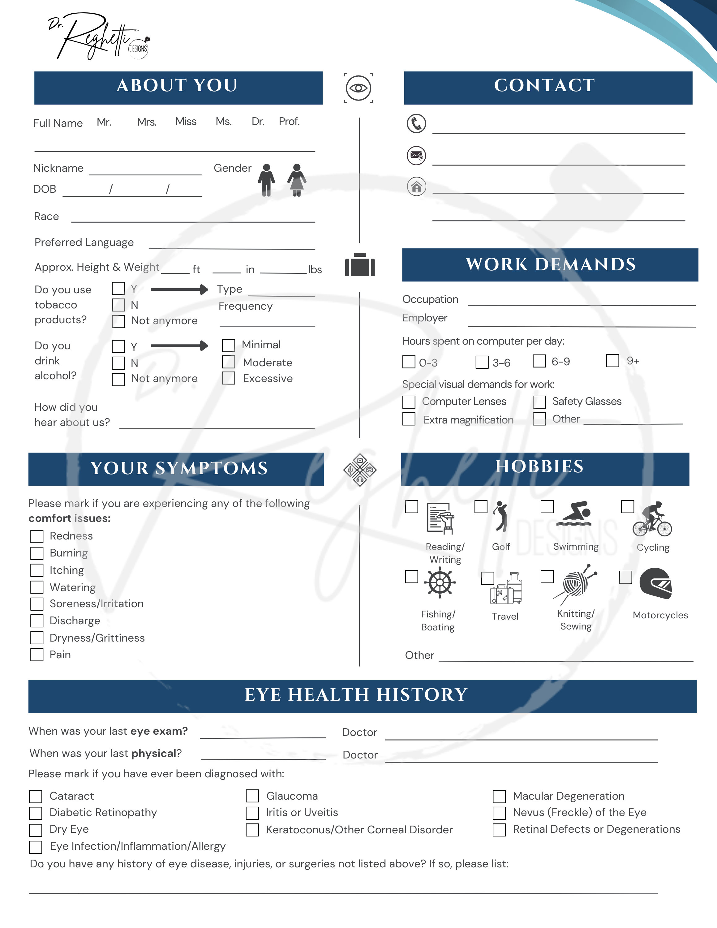 Fillable PDF Version of Comprehensive Intake Form for Optometrists - Etsy