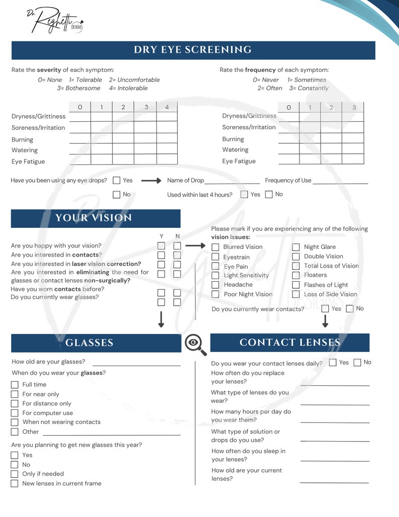 Comprehensive Intake Form for Optometrists - Etsy