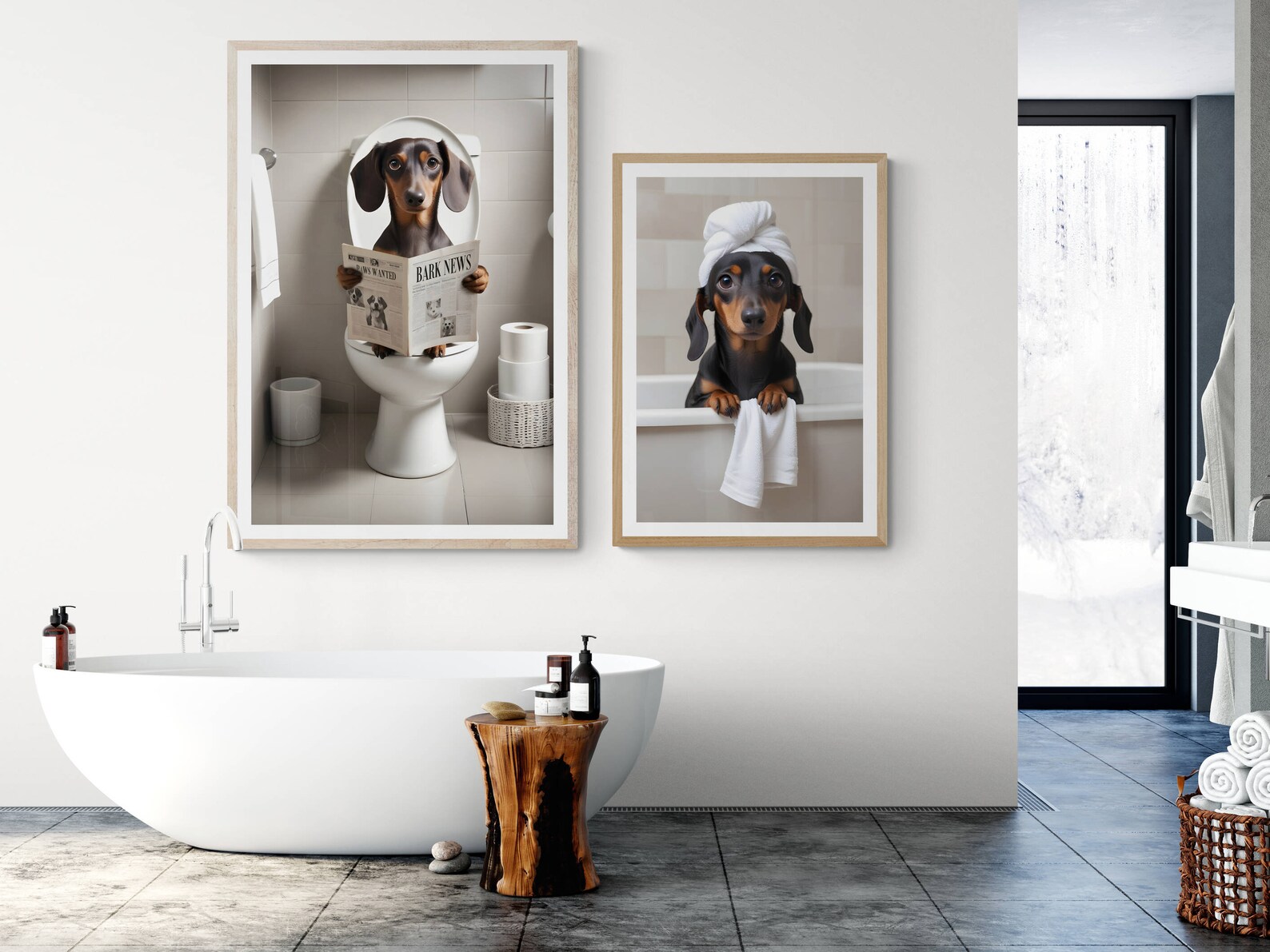 Dachshund Dog on Toilet & Dog in Bath Tub Posters Fun Bathroom Wall ...