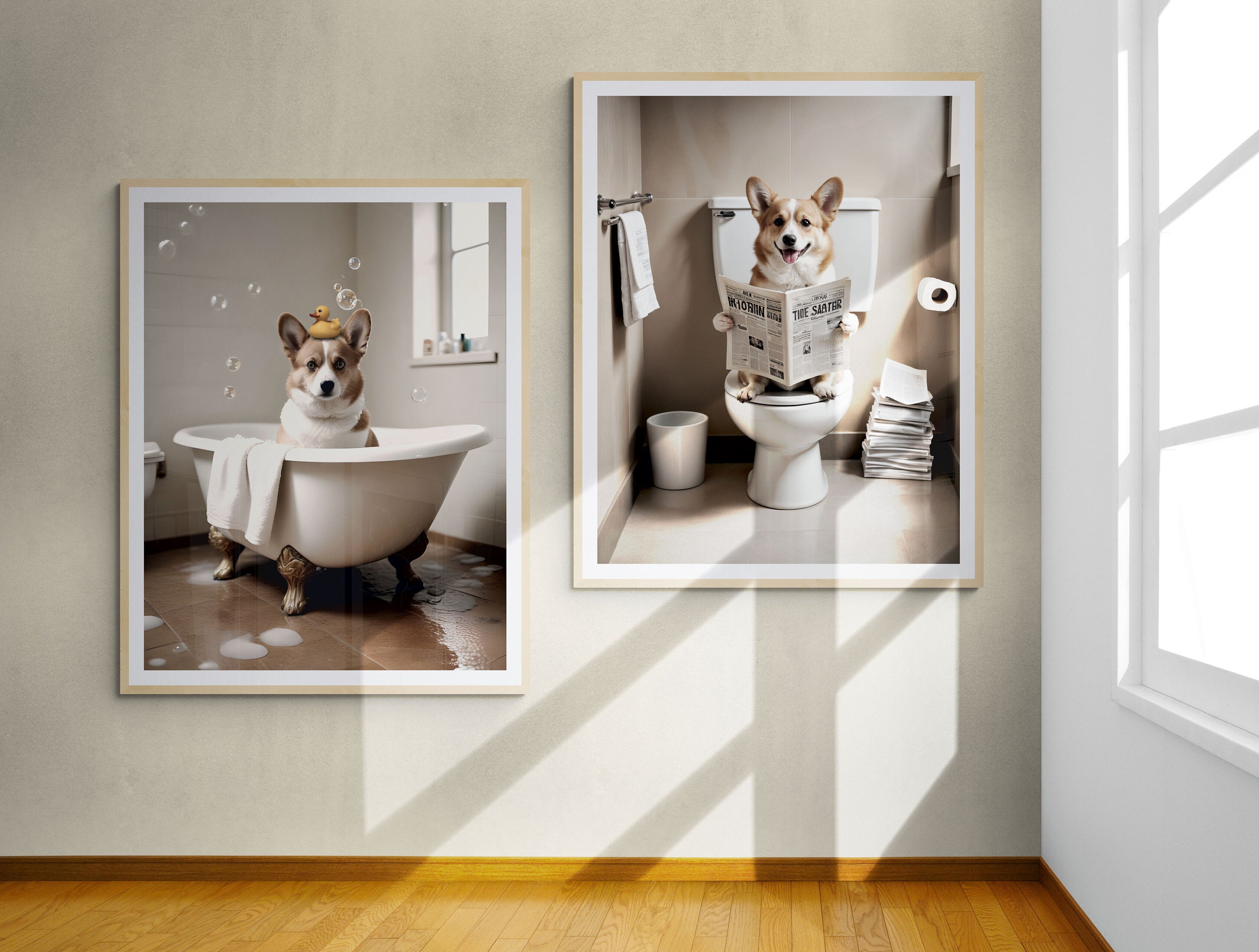 Corgi Dog on Toilet and in Bath Tub | Corgi Bathroom Prints | Bathroom ...