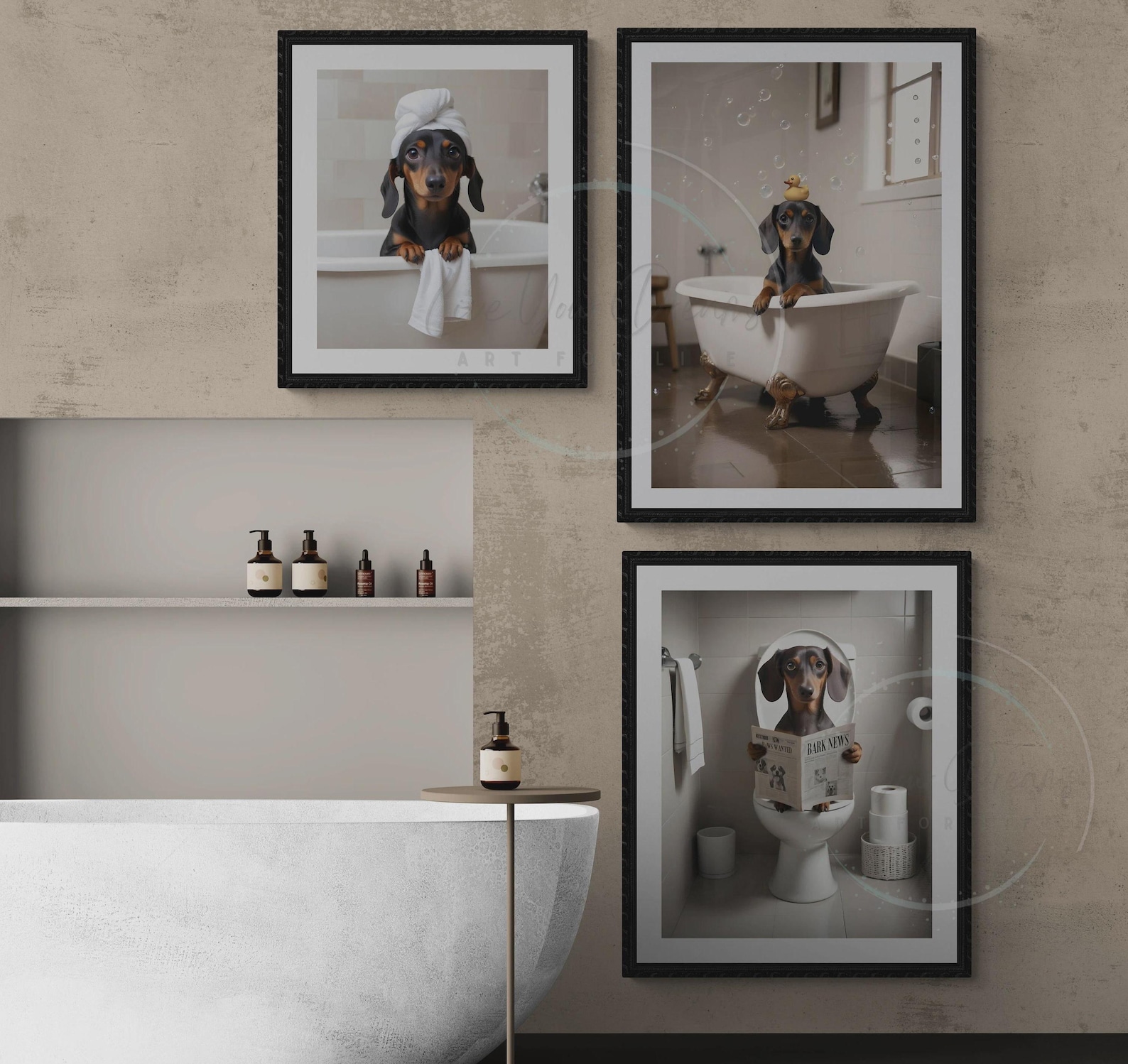 Dachshund Dog on Toilet & Dog in Bath Tub Posters | Fun Bathroom Wall ...