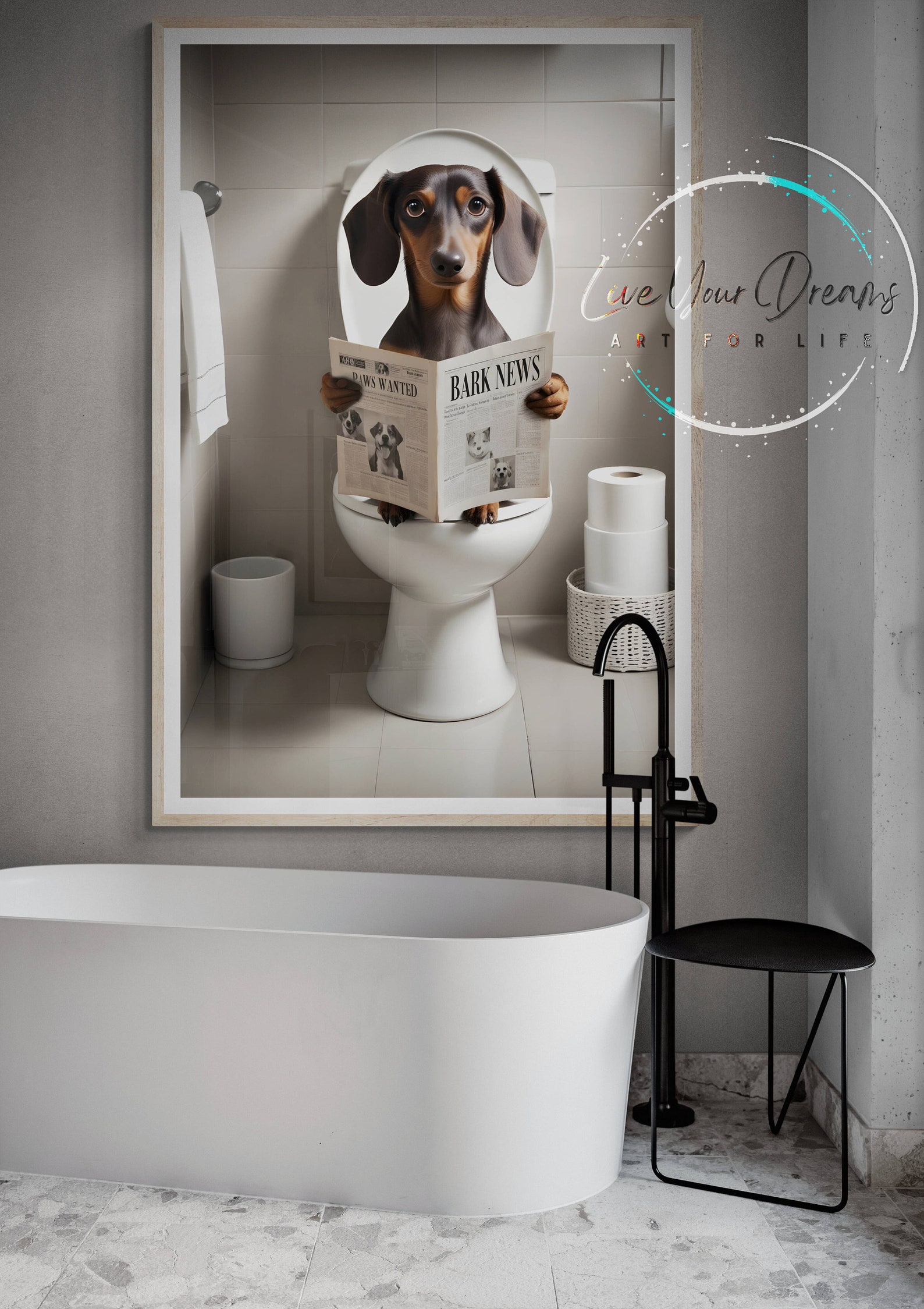 Dachshund Dog on Toilet & Dog in Bath Tub Posters | Fun Bathroom Wall ...