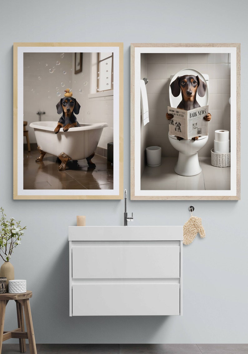 Dachshund Dog on Toilet & Dog in Bath Tub Posters Fun Bathroom Wall ...
