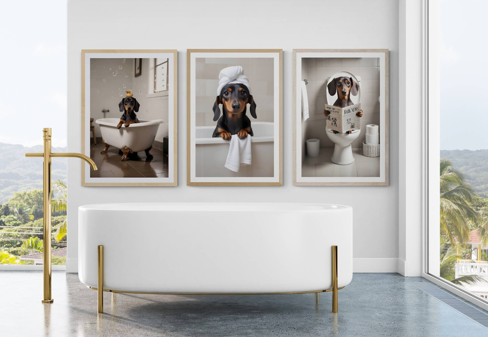 Dachshund Dog on Toilet & Dog in Bath Tub Posters | Fun Bathroom Wall ...