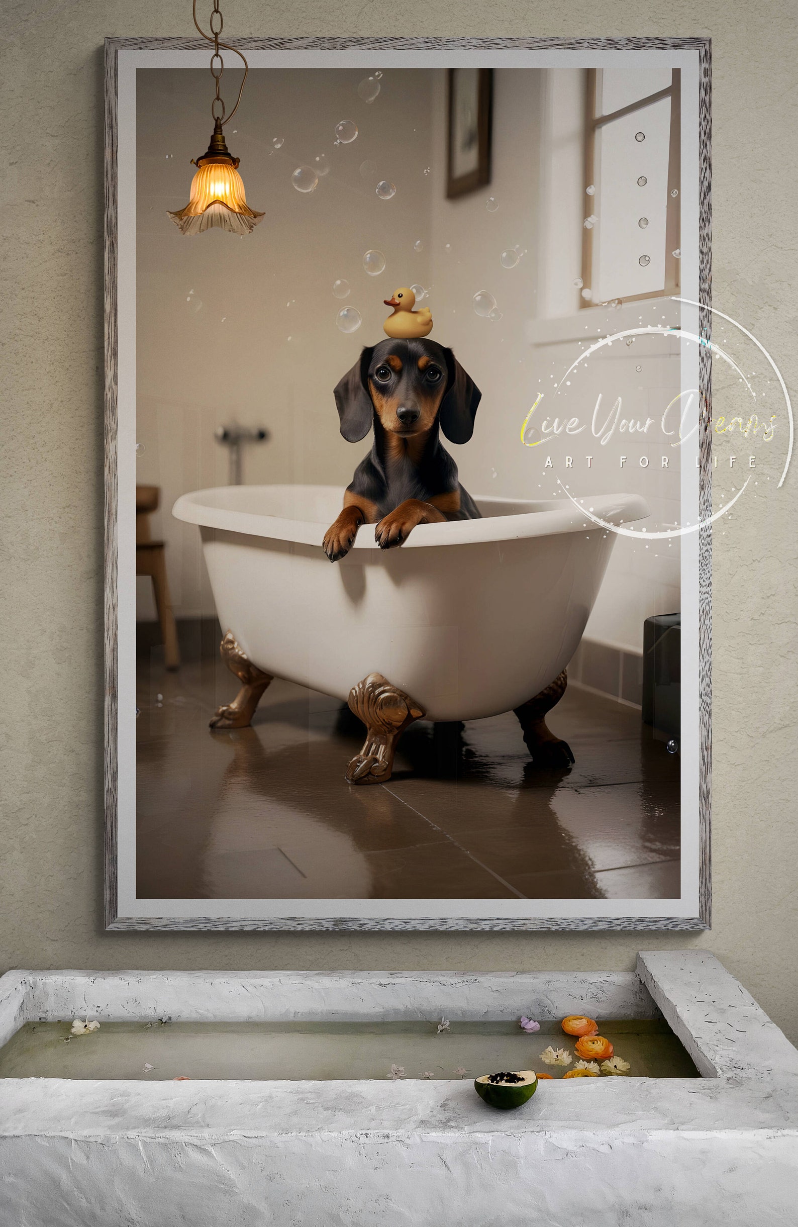 Dachshund Dog on Toilet & Dog in Bath Tub Posters | Fun Bathroom Wall ...