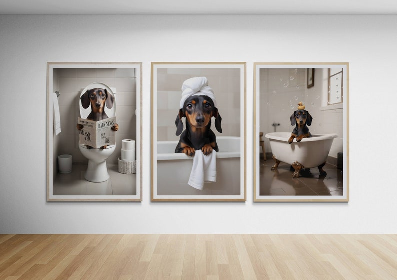 Dachshund Dog on Toilet & Dog in Bath Tub Posters | Fun Bathroom Wall ...