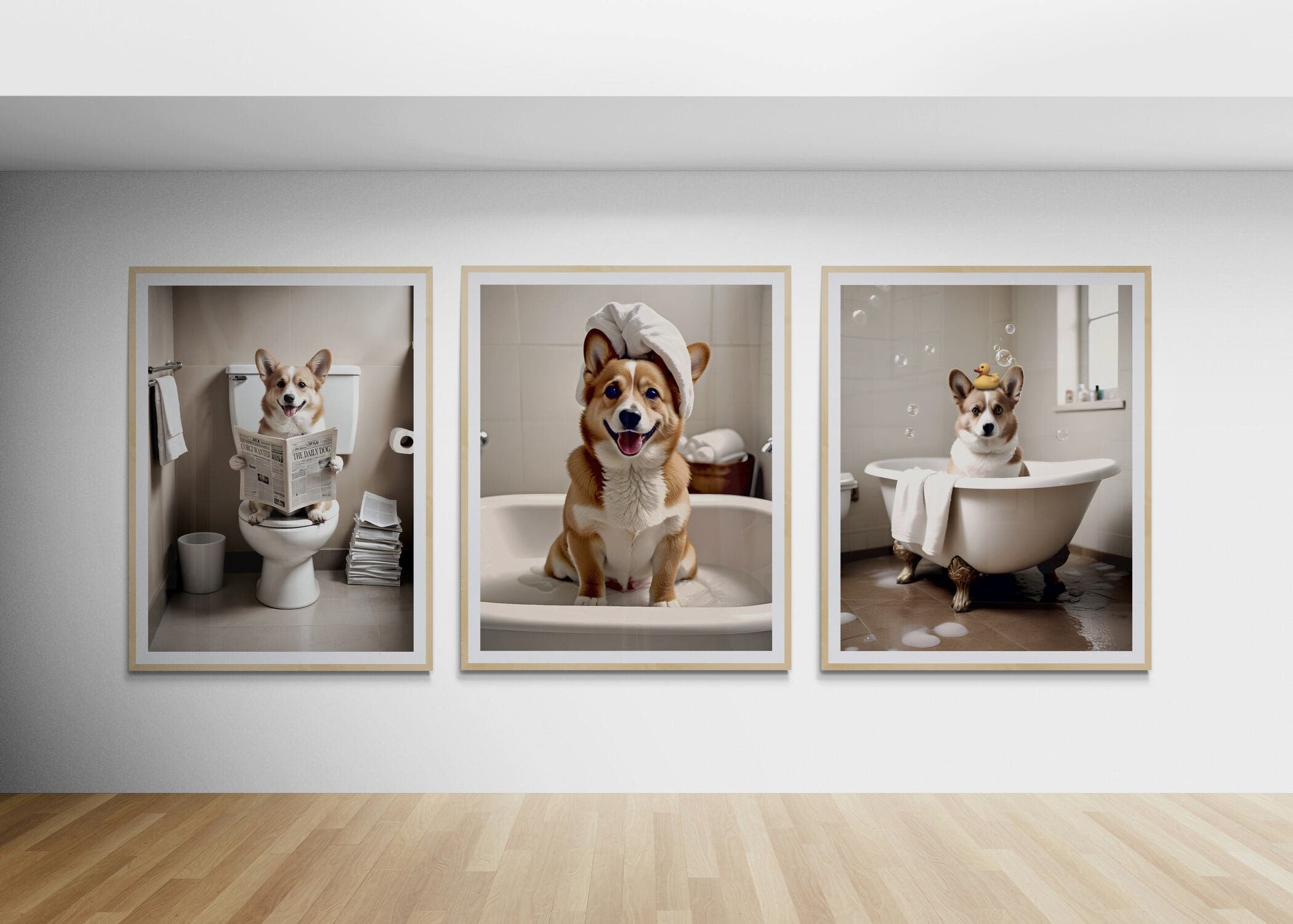 Corgi Dog on Toilet and in Bath Tub | Corgi Bathroom Prints | Bathroom ...