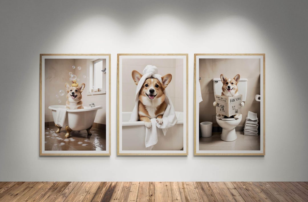 Corgi Bathroom Prints | Happy Corgi Dog on Toilet & Bath Tub | Wall Art ...