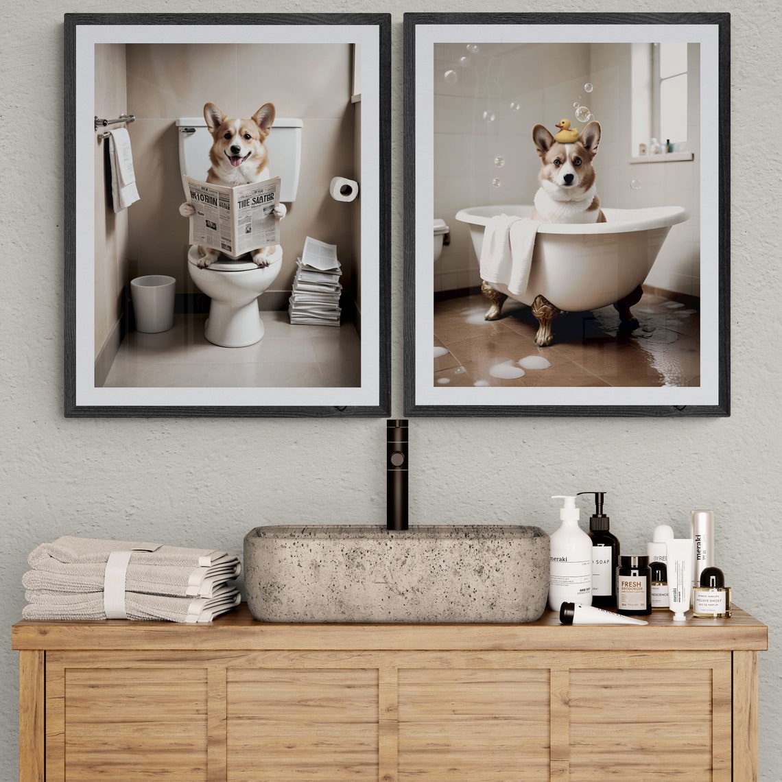 Corgi Dog on Toilet and in Bath Tub Corgi Bathroom Prints Bathroom Art ...