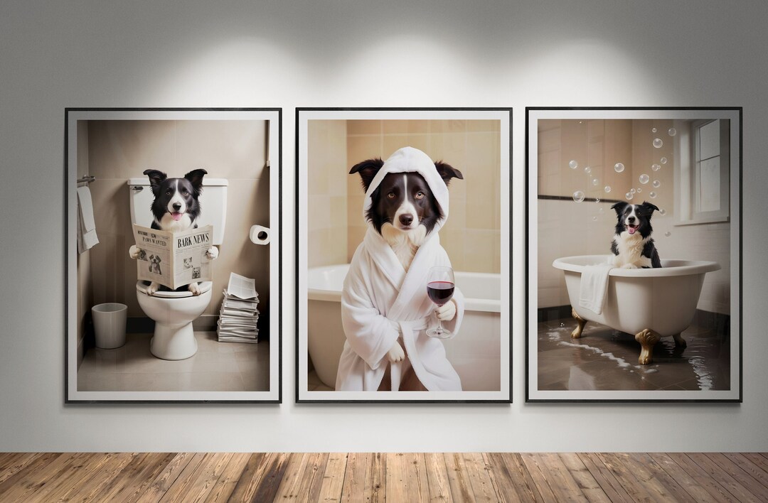 Border Collie Bathroom Prints Set of 3 | Dog on Toilet and Dog in Bath ...