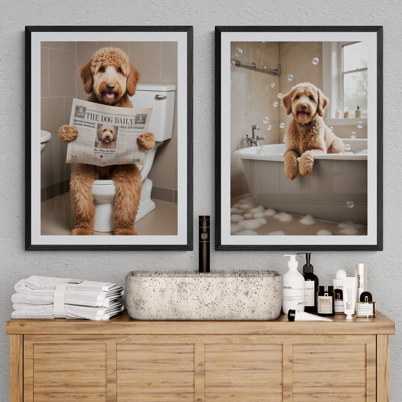 Labradoodle Dog Prints for Bathroom, Set of 2 Prints for Kids Bathroom ...