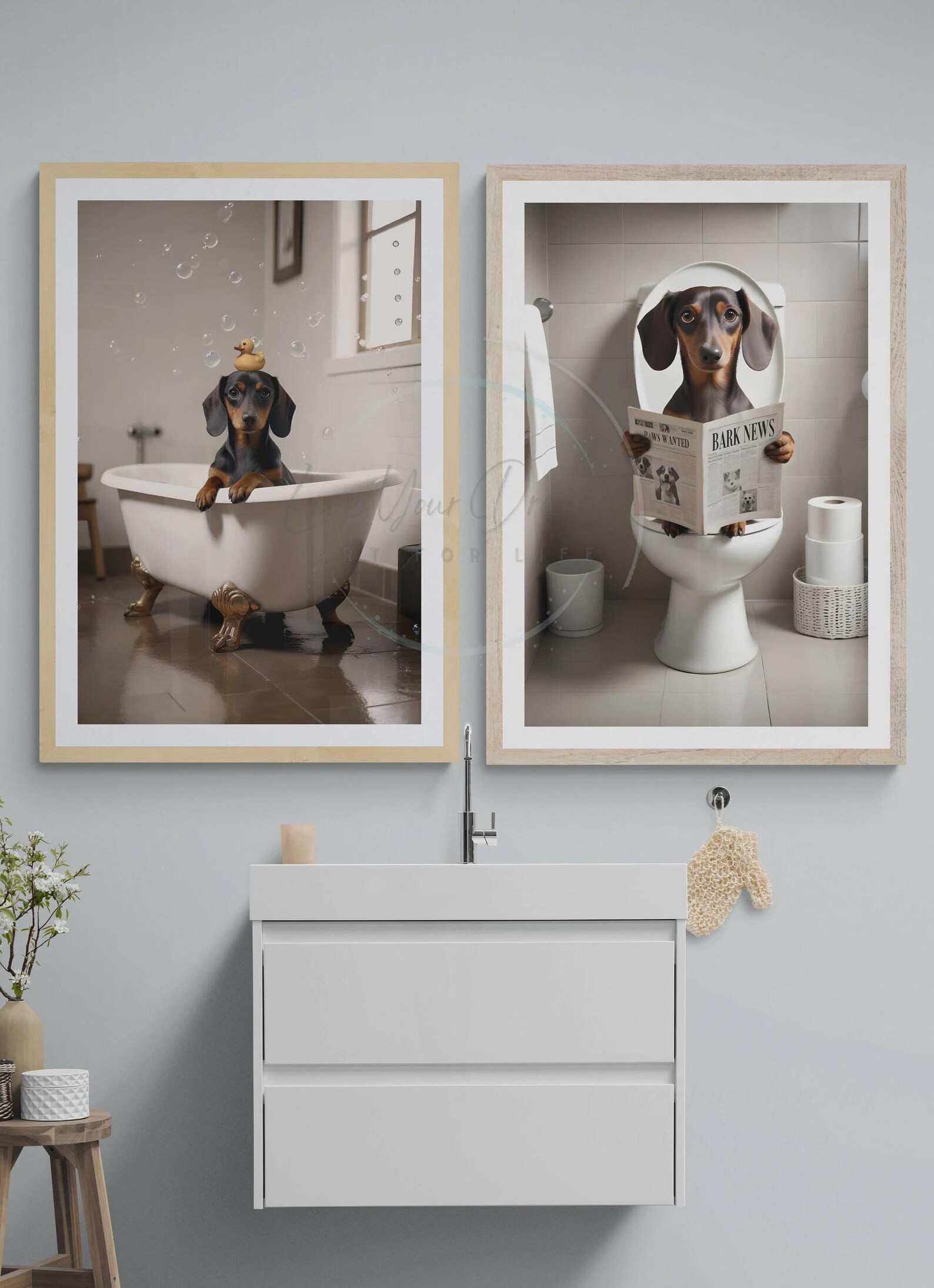 Dachshund Dog on Toilet & Dog in Bath Tub Posters | Fun Bathroom Wall ...
