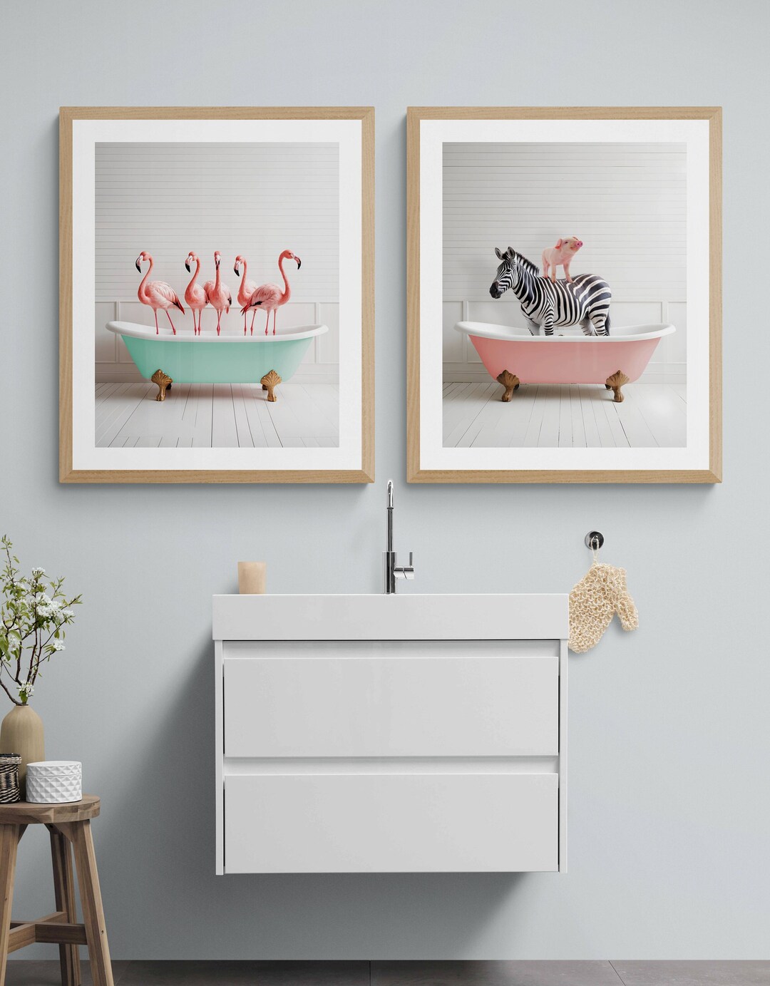 Safari Animals in Tubs Bathroom Art Set of 2 | Flamingos in Bathtub ...