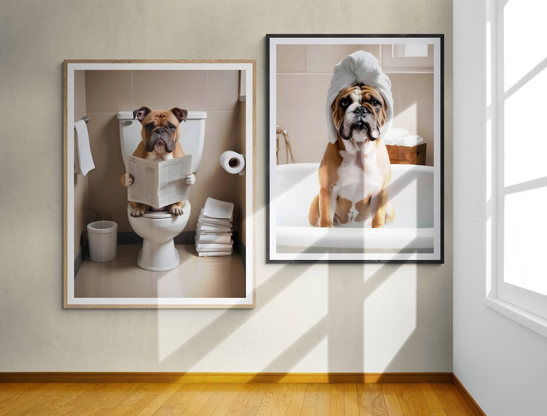 Bulldog Bathroom Prints Set of 2 | Bulldog Dog on Toilet and in Bath ...