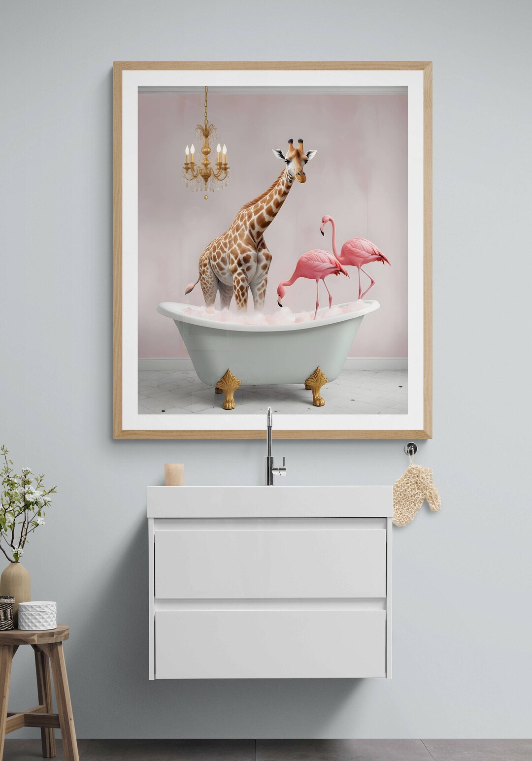 Exotic Animals in Bathroom Wall Art, Giraffe Flamingos in Bathtub Art ...