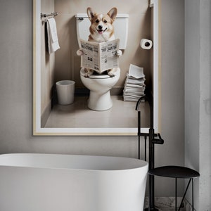 Corgi Dog on Toilet and in Bath Tub | Corgi Bathroom Prints | Bathroom ...