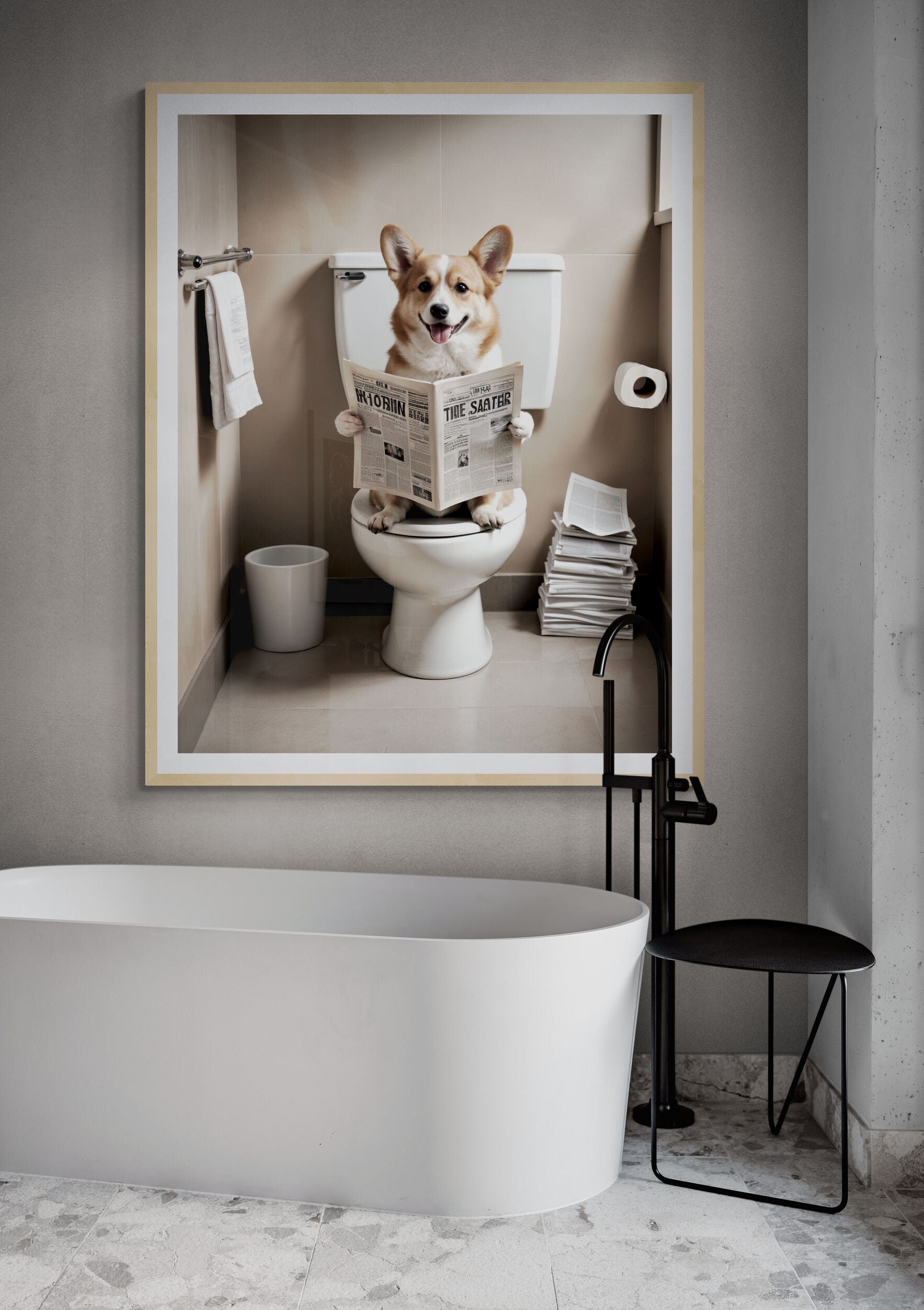 Corgi Dog on Toilet and in Bath Tub | Corgi Bathroom Prints | Bathroom ...