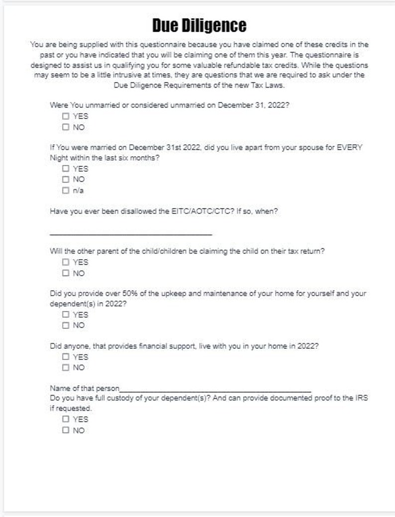 Taxpayer Questionnaire: Client In-take Onboarding Forms (editable ...