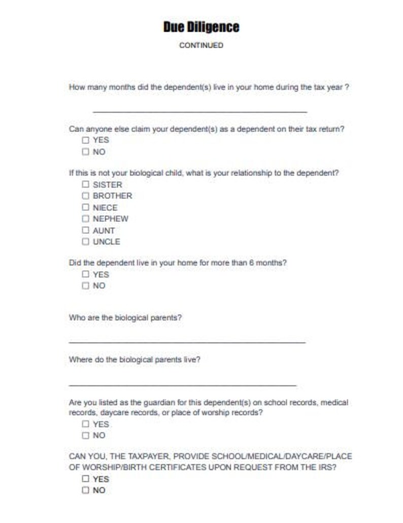 Tax Preparer Due Diligence Checklist: Tax Office Forms (digital ...
