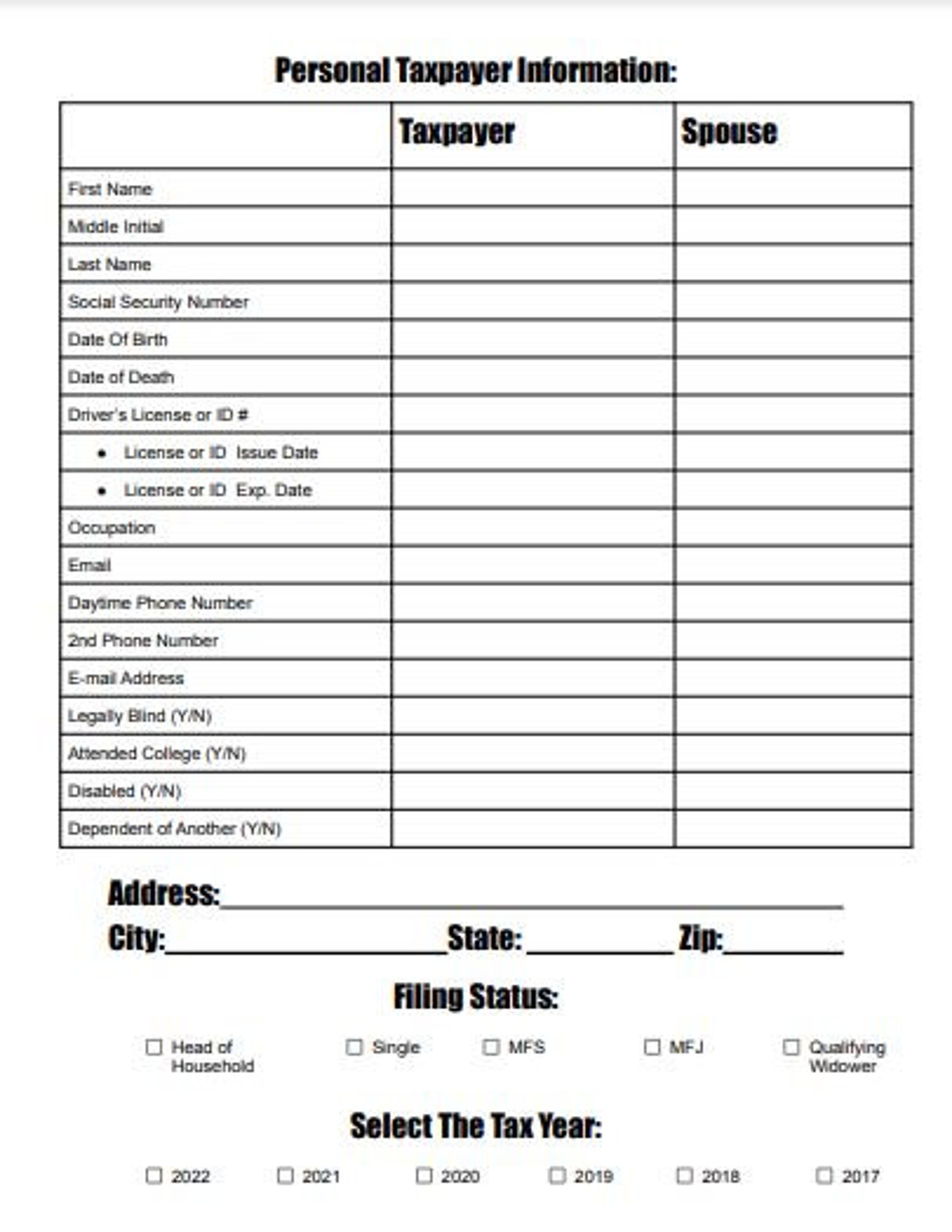 Taxpayer Information In-take Forms: Tax Office Client Questionnaire ...