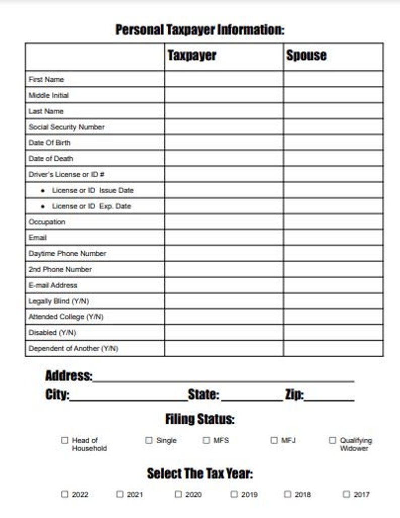 Taxpayer Information In-take Forms: Tax Office Client Questionnaire ...