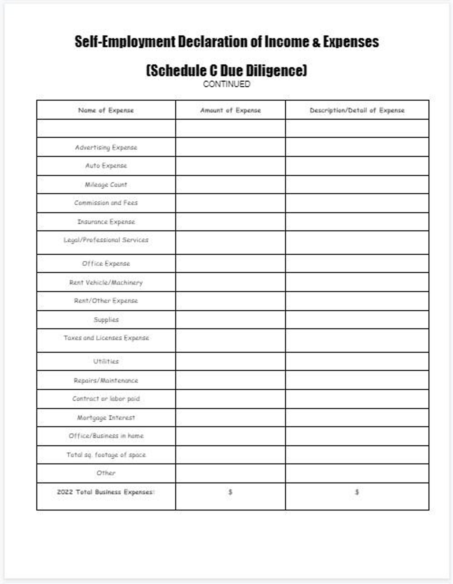 Tax Preparer | Self-employment Declaration of Income and Expenses | Tax ...