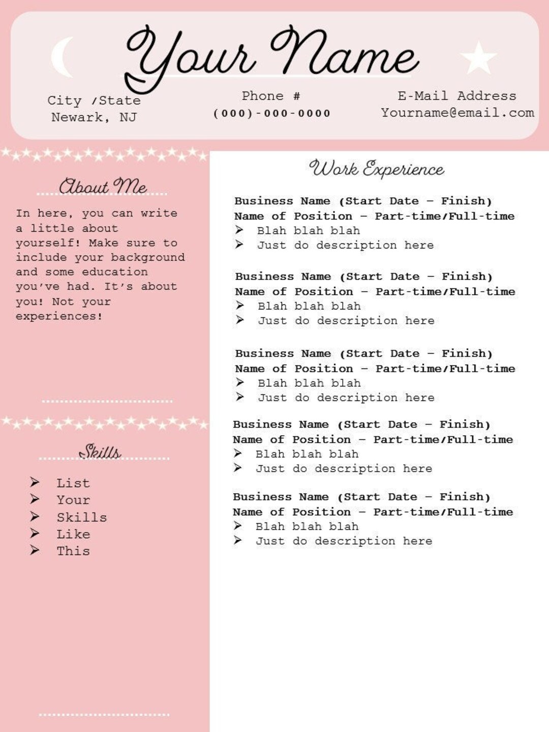 Pink Moon and Stars resume and Cover Letter Bundle - Etsy