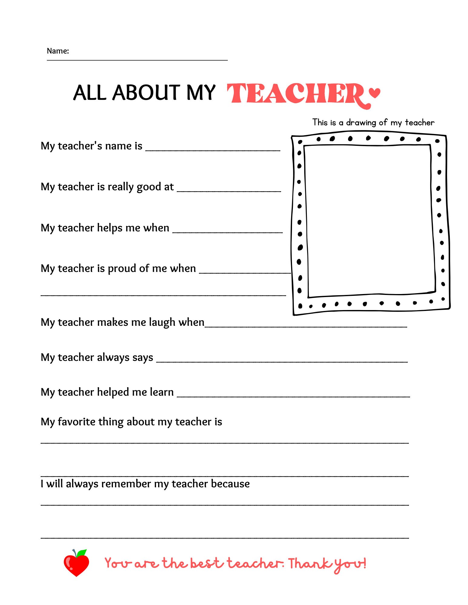 All About My Teacher - Teacher Appreciation - Etsy