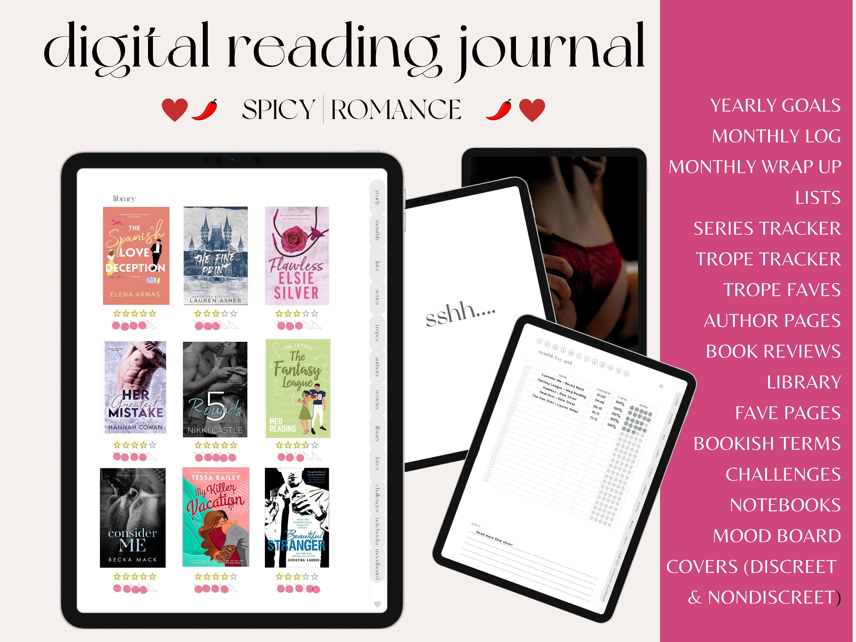 Digital Reading Journal | SPICY | ROMANCE | Book Tracker | Reading Log ...