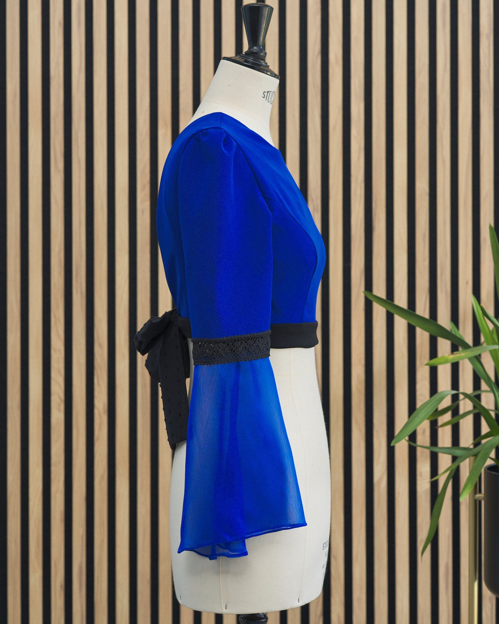 Vibrant Royal Blue Flared Sheer Sleeve Blouse With Contrast Tie-back ...