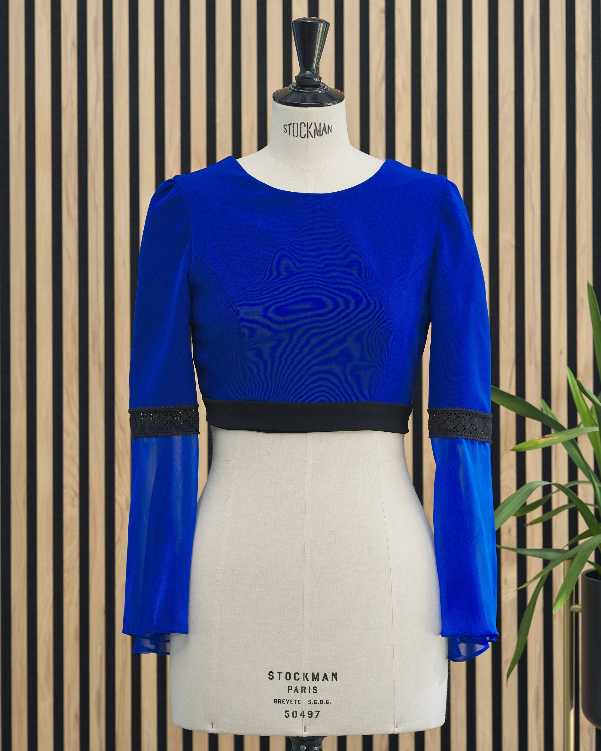 Vibrant Royal Blue Flared Sheer Sleeve Blouse With Contrast Tie-back ...
