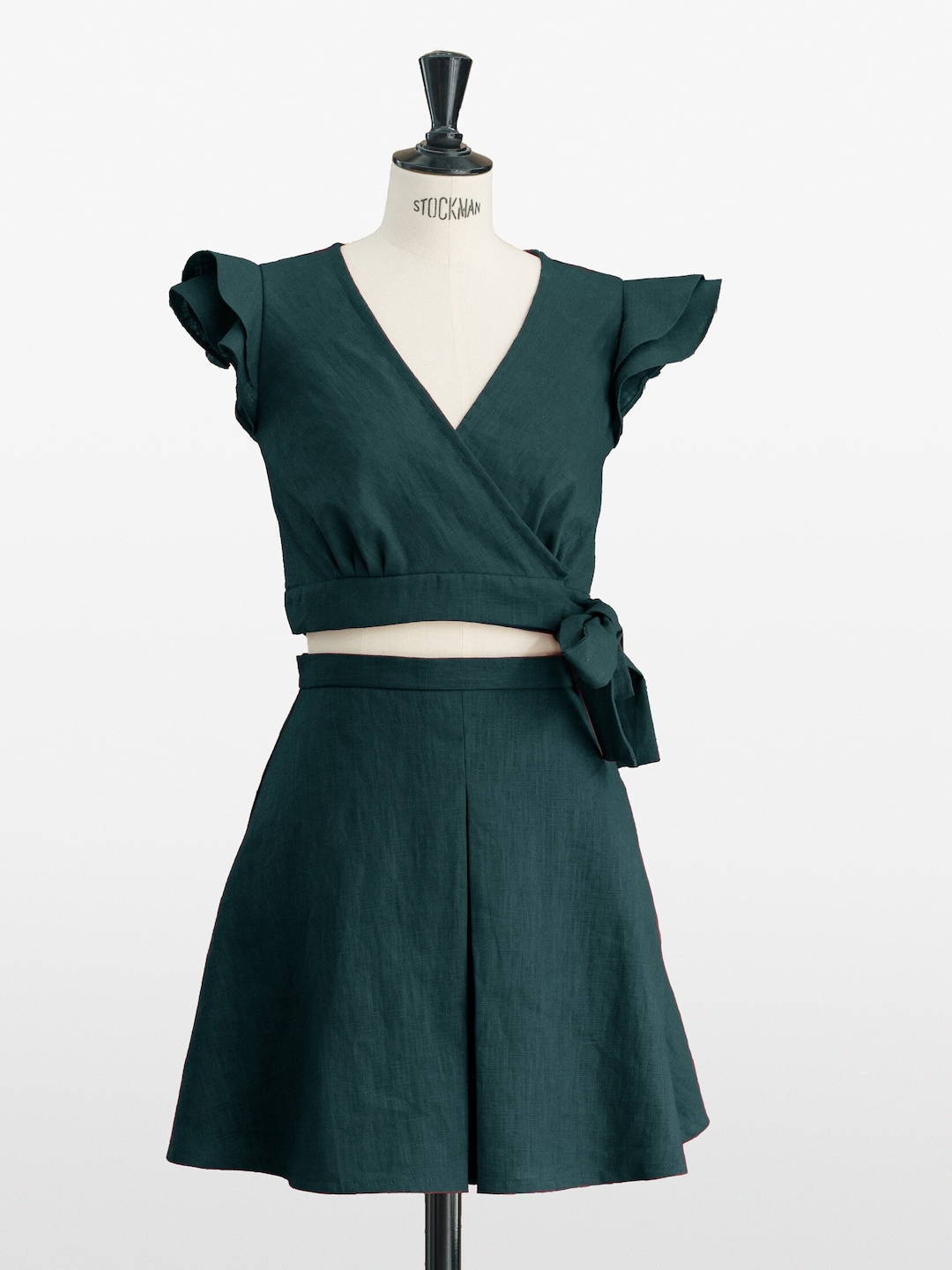 Handmade Green Linen Skirt Set, Ruffle Top, Pleated Mini Skirt - Etsy
