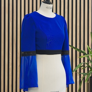 Vibrant Royal Blue Flared Sheer Sleeve Blouse With Contrast Tie-back ...