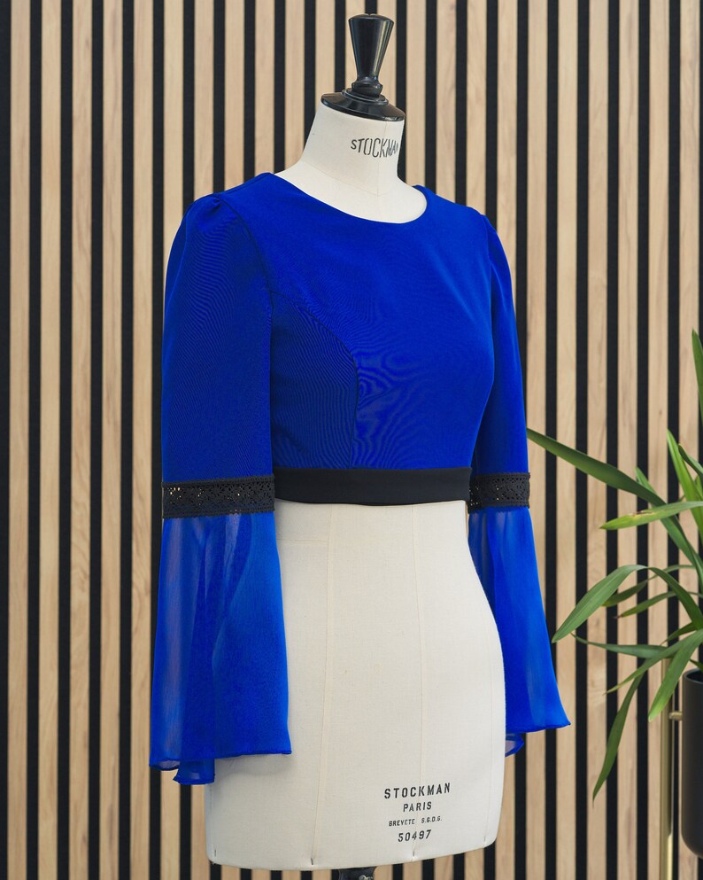 Royal Blue Sheer Sleeve Blouse - Lace Trim, Tie-back Top - Etsy
