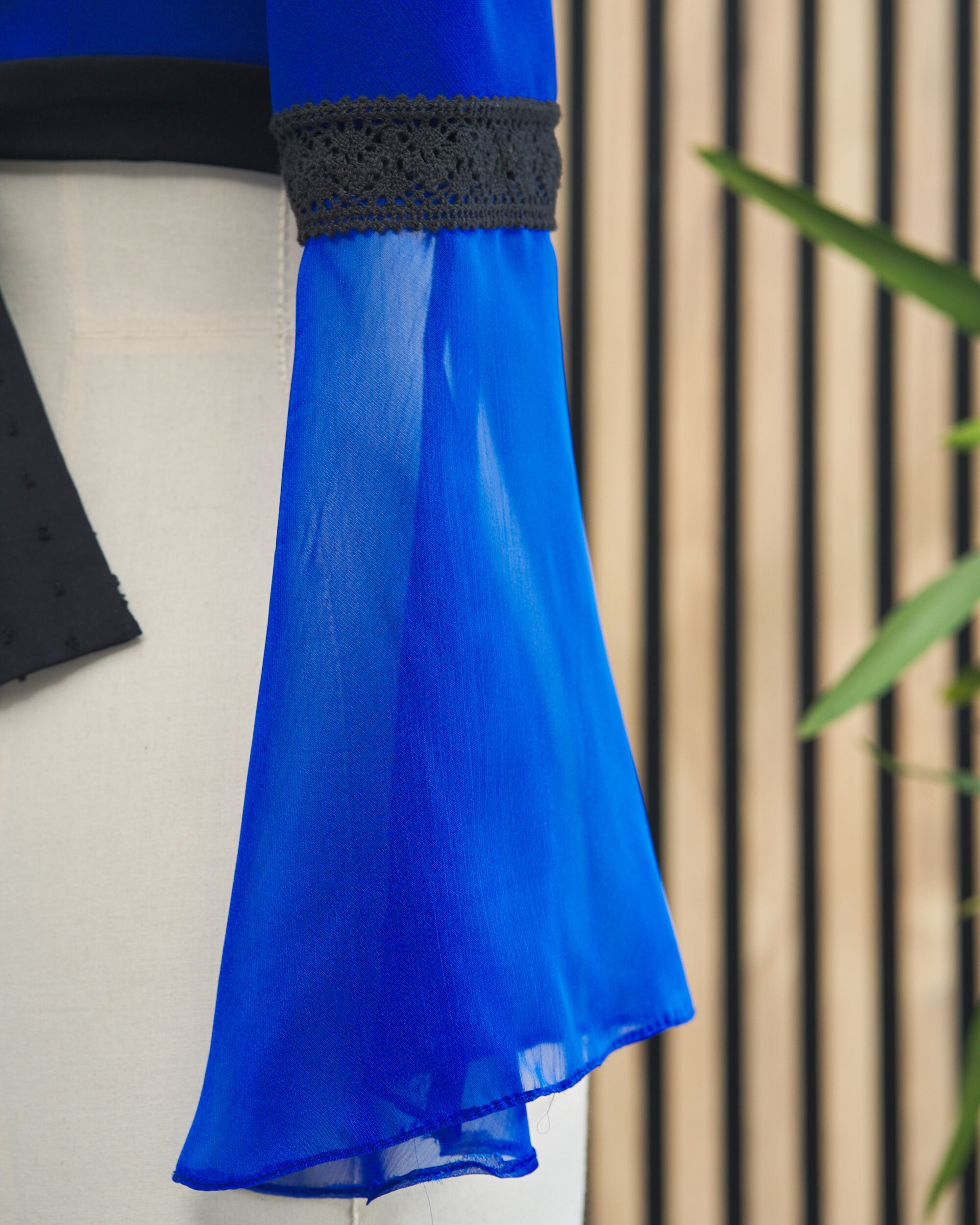 Vibrant Royal Blue Flared Sheer Sleeve Blouse With Contrast Tie-back ...