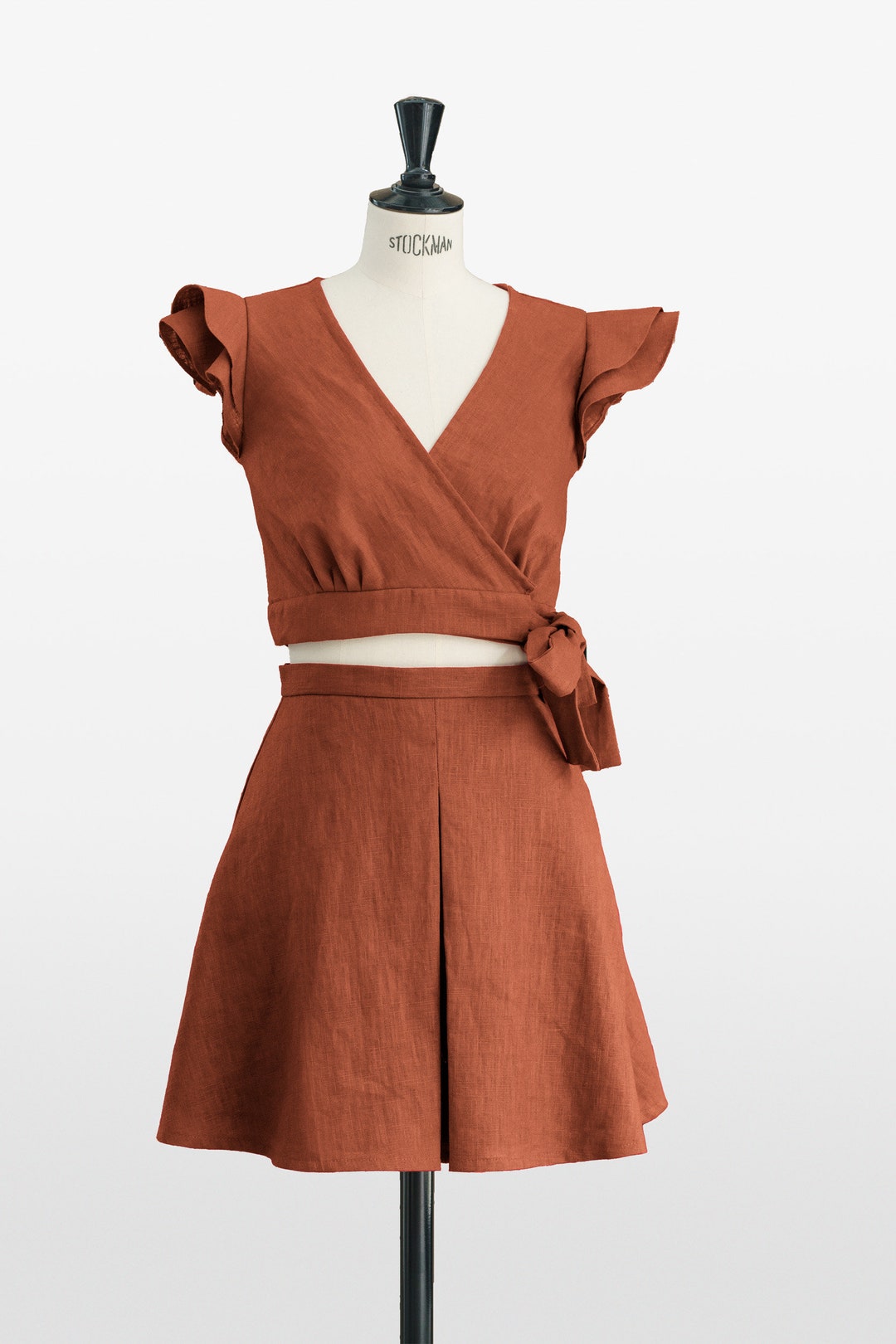Cognac Linen Ruffle Top and Pleated Skirt Set - Sustainable ...