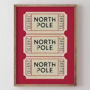 North Pole Ticket Print, Red Christmas Wall Art, Retro Xmas Poster ...