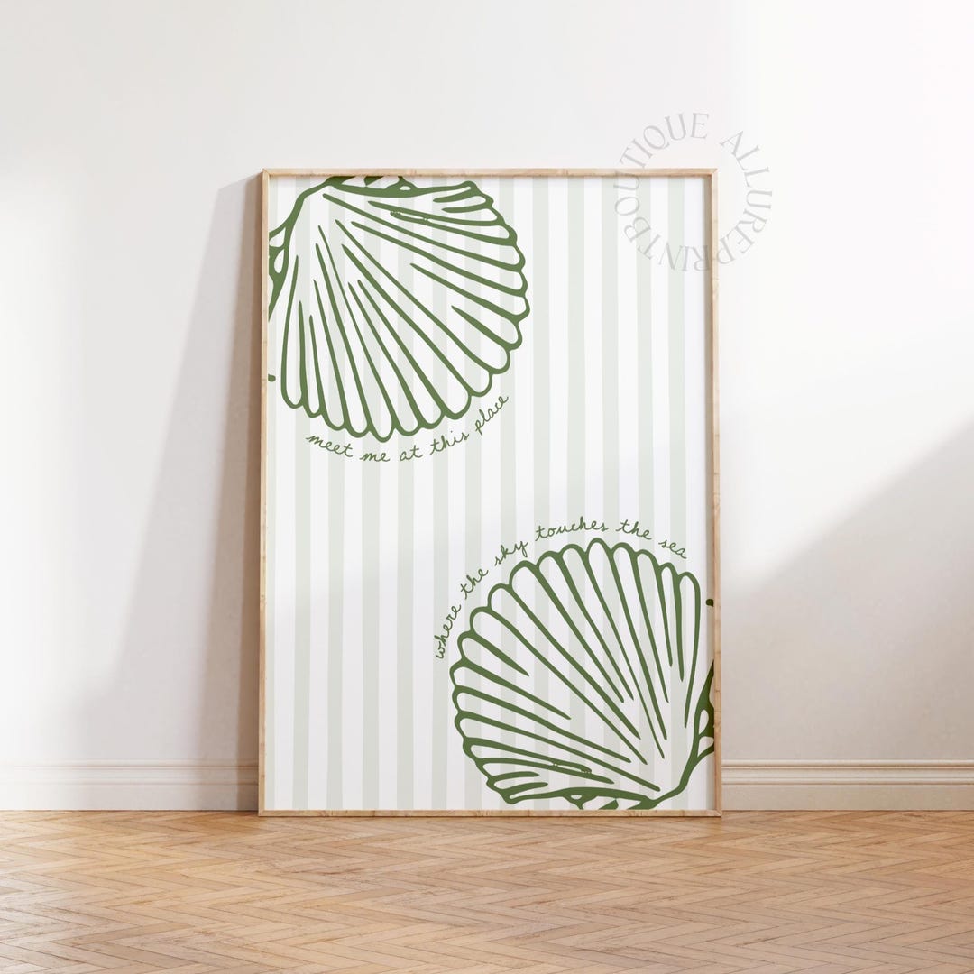 Coastal Seashell Print, Sage Green Beachy Shell Wall Art, Meet Me at ...