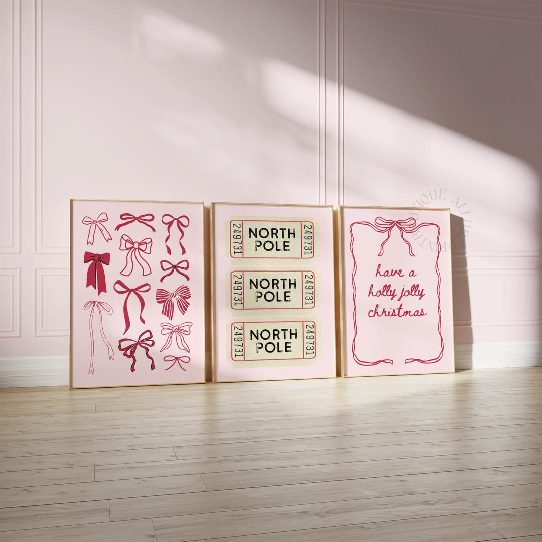Pink Christmas Prints, Gallery Set of 3, Coquette Holidays Wall Art ...