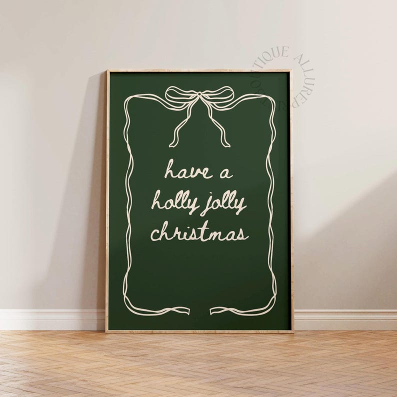 Holly Jolly Christmas Print, Green Coquette Bow Poster, Holiday ...