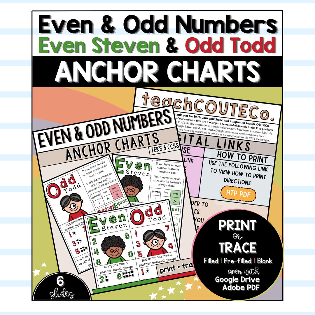 Even & Odd Numbers Printable Anchor Chart Templates, Even Steven, Odd ...