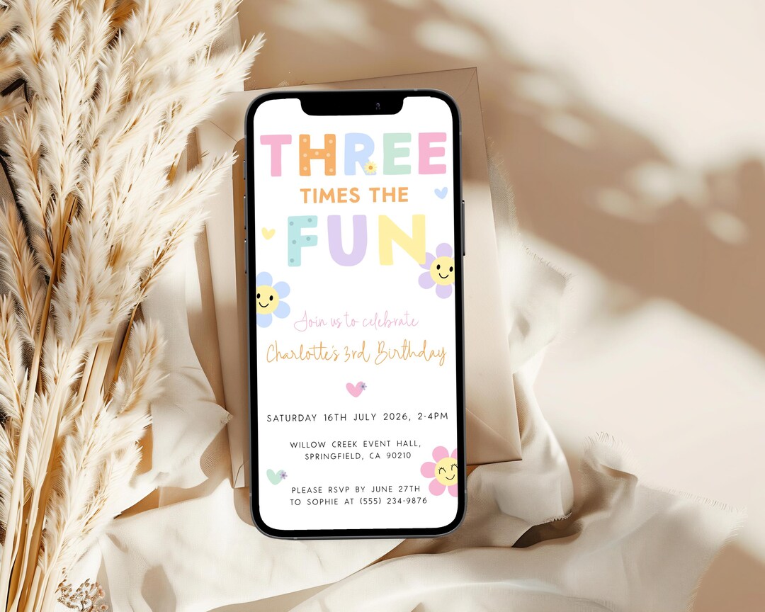 Three Times the Fun Digital Invitation, Spring Girl 3rd Birthday Party ...